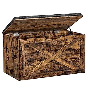 VASAGLE Padded Shoe Bench with Cushioned Seat, Storage Chest Cabinet, Barn-Door Style, 15.7 x 29.9 x 18.9 Inches, Rustic Brown