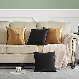 GIGIZAZA Decorative Throw Pillow Covers 18 x 18,Gold Black Soft, Set of 4 Square Velvet Cushion Covers