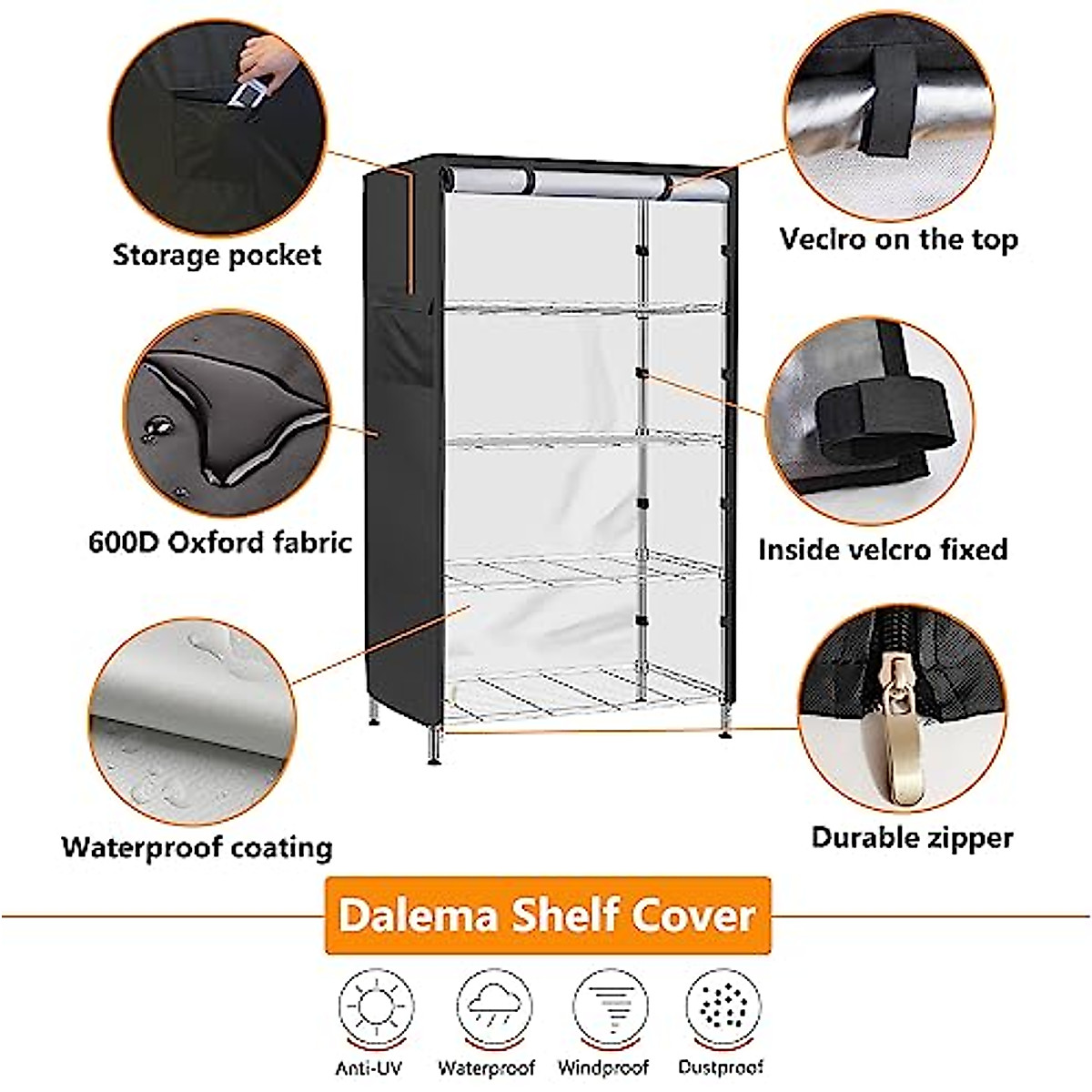 Dalema Waterproof Shelf Cover,Heavy Duty Dustproof Storage Shelving Unit Cover,Durable Steel Organizer Wire Rack Cover,Shelf Display Rack Protective Cover with Zipper.(Black,Fits 32x16x62 Shelf)