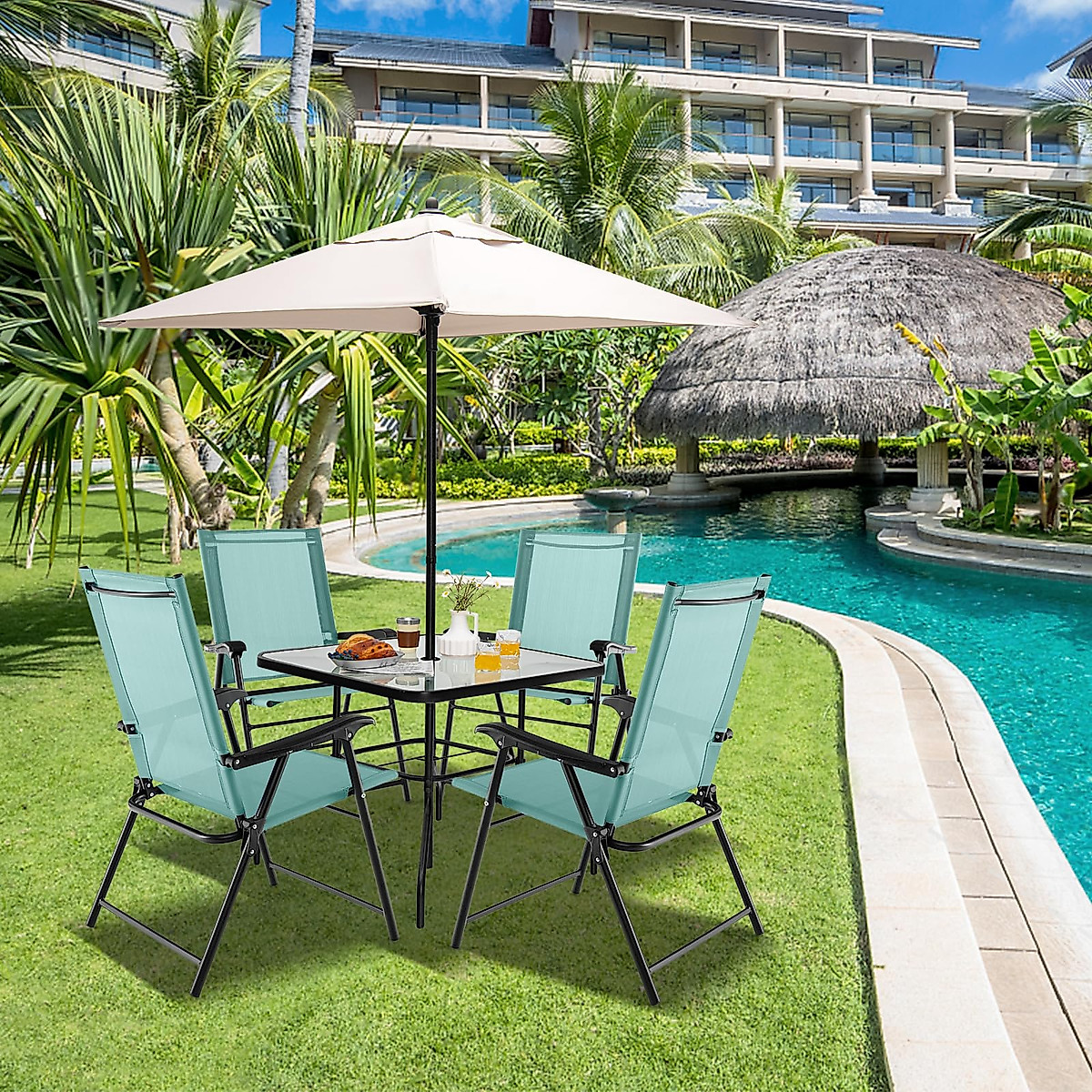 Tangkula Patio Folding Chairs Set of 2, Outdoor Sling Chairs with Breathable Fabric Back & Seat, Portable Dining Camping Chairs for Poolside, Yard, Garden, Deck, Lawn, Beach (Mint Green)