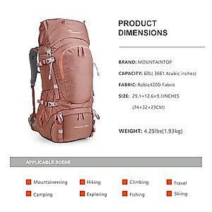 MOUNTAINTOP 60L Internal Frame Hiking Backpack for Women with Rain Cover for Camping Traveling Backpacking Pink