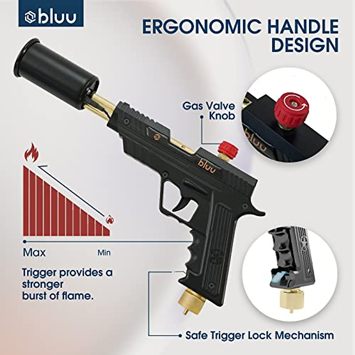 BLUU POWERFUL Cooking Propane Torch- Culinary Blow torch- Sous Vide- Adjustable Flame Thrower Fire Gun with Safety Lock- Campfire Starter- Outdoor Charcoal Lighter for Steak, BBQ and Baking