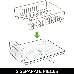 mDesign Large Metal Wire Kitchen Countertop, Sink Dish Drying Rack with Removable Plastic Cutlery Tray Caddy and Drainboard with Adjustable Swivel Spout - 3 Pieces - Satin/Clear