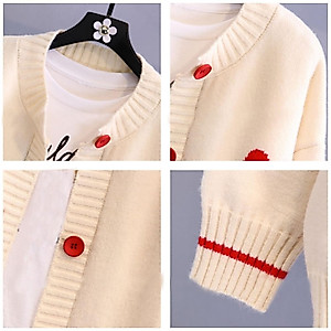FindThy Women's Cute Cardigan Sweater Kawaii Love Heart Print Y2K Button Knitted Outerwear(0335-Beige-OneSize-LB)