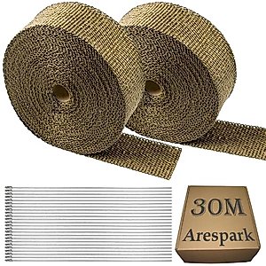 Arespark Titanium Exhaust Heat Wrap, 2 Roll 2'' x 50' Thermal Heat Tape with 24pcs Stainless Steel Cable Ties, Basalt Fiber Heat Shield Tape for Motorcycles Cars