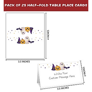 Halloween Table Place Card, 25 Pcs Tent Style Cards Set with Pumpkin and Ghost, Editable Name Cards for Table Seating, Scored for Easy Folding, Food Lables for Halloween Party (01)
