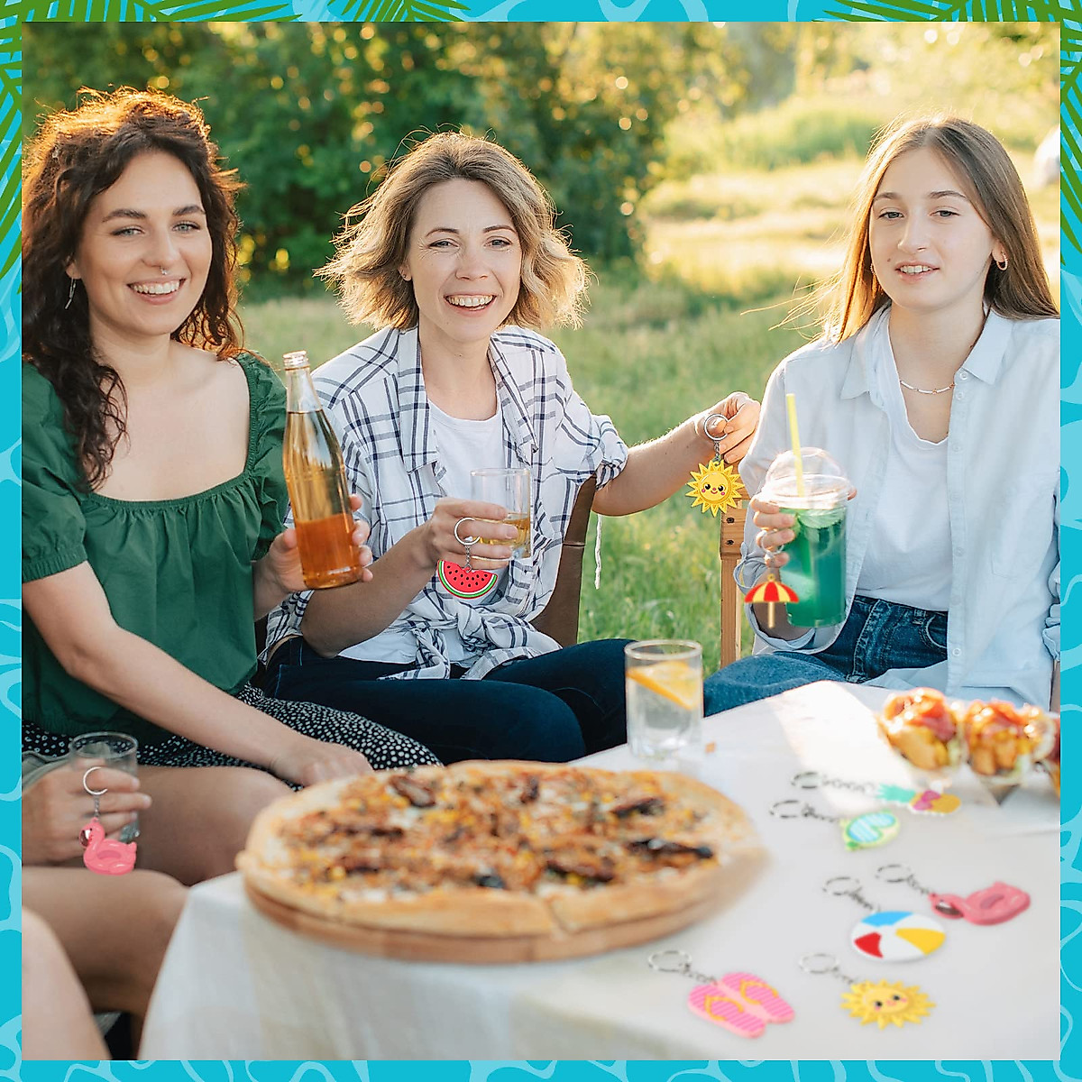 Yinkin 36 Pcs Summer Party Keychains Beach Flamingo Pineapple Turtle Surfboard Keychain for Summer Pool Theme Favor Luau Tropical Hawaiian Sea Party Supplies, 9 Styles(Pool Style)