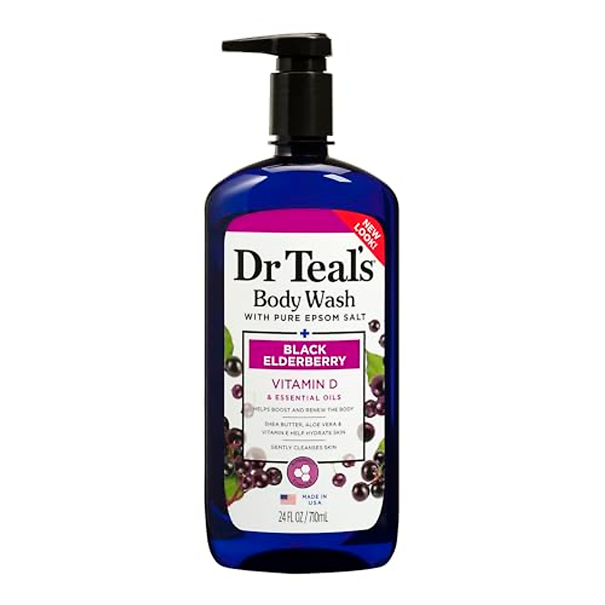 Dr Teal's Body Wash with Pure Epsom Salt, Black Elderberry with Vitamin D & Essential Oils, 24 fl oz (Packaging May Vary)