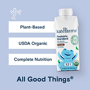 KATE FARMS Organic Plant Based Pediatric 1.2 Sole-Source Nutrition Shake,Chocolate, 12g protein, 27 Vitamins and Minerals, High Calorie Meal Replacement Drink, Protein Shake, Gluten Free, 8.45 oz (6 pack)