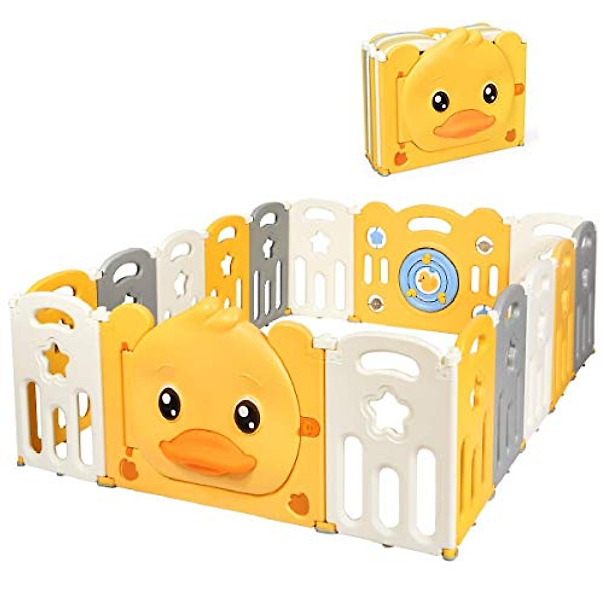 Costzon Baby Playpen, 16-Panel Portable Baby Play Yards with Yellow Duck Pattern, Door with Safety Lock, Indoor Outdoor Foldable Baby Fence with Non-Slip Rubber Bases & Rubber Suction Cups (16 Panel)