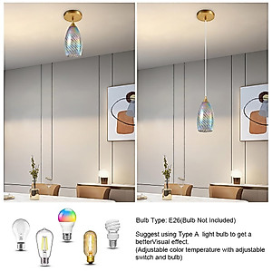 Eicrkodn Mini Glass Pendant Lights Kitchen Island, Handcrafted Blown Art Glass Ceiling Pendant Lighting with Brushed Gold Finish, Adjustable Cord Pendant Lights for Hallway,Dining Room, 1 Pack