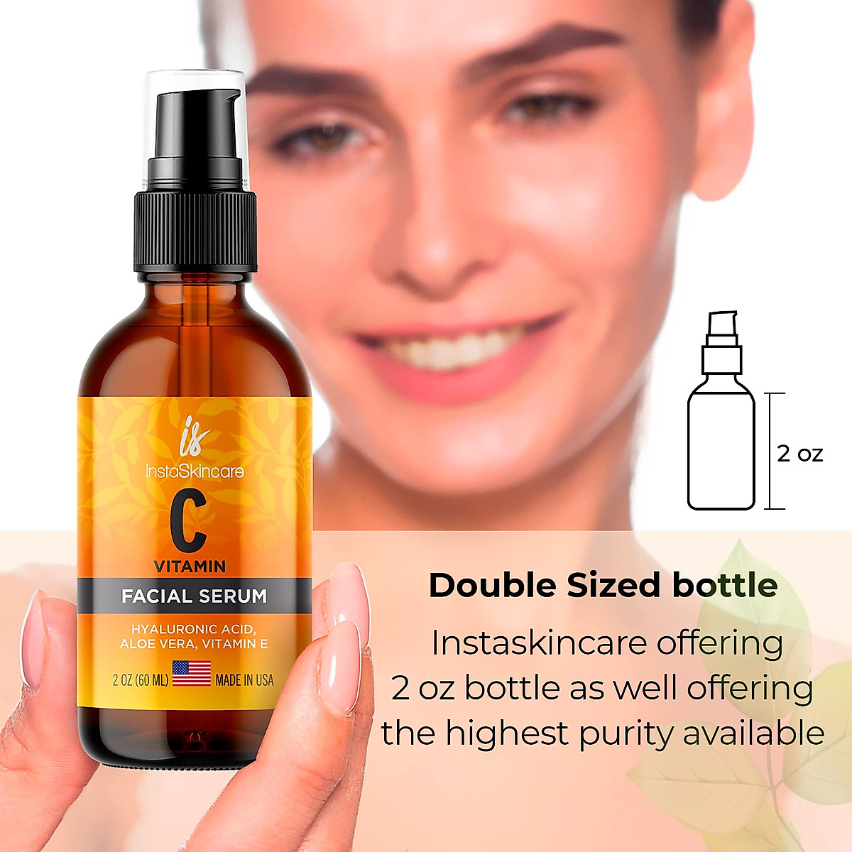 InstaSkincare Vitamin C Serum for Face and Eyes with Hyaluronic Acid and Vitamin E - Brightening Serum, Dark Spots, Eye Area, Wrinkles 2Oz