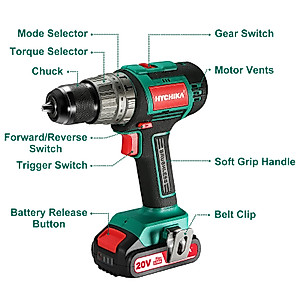 Cordless Drill 20V Max, HYCHIKA Brushless Drill Max Torque 530 In-lbs, 2.0 AH Battery 1H Fast Charger, 21+3 Torque Setting 1/2" Automatic Chuck, 20pcs Drill Bit Set for Home Improvement & DIY Project