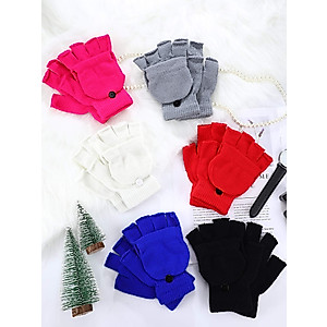 SATINIOR 6 Pairs Women Convertible Gloves Winter Flip Fingerless Mittens Thick Knitted Half Finger Gloves with Cover(Black, White, Gray, Rose Red, Red, Royal Blue)