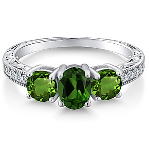 Gem Stone King 925 Sterling Silver Green Chrome Diopside 3-Stone Engagement Ring For Women (1.82 Cttw, Available 5,6,7,8,9) (Size 8)