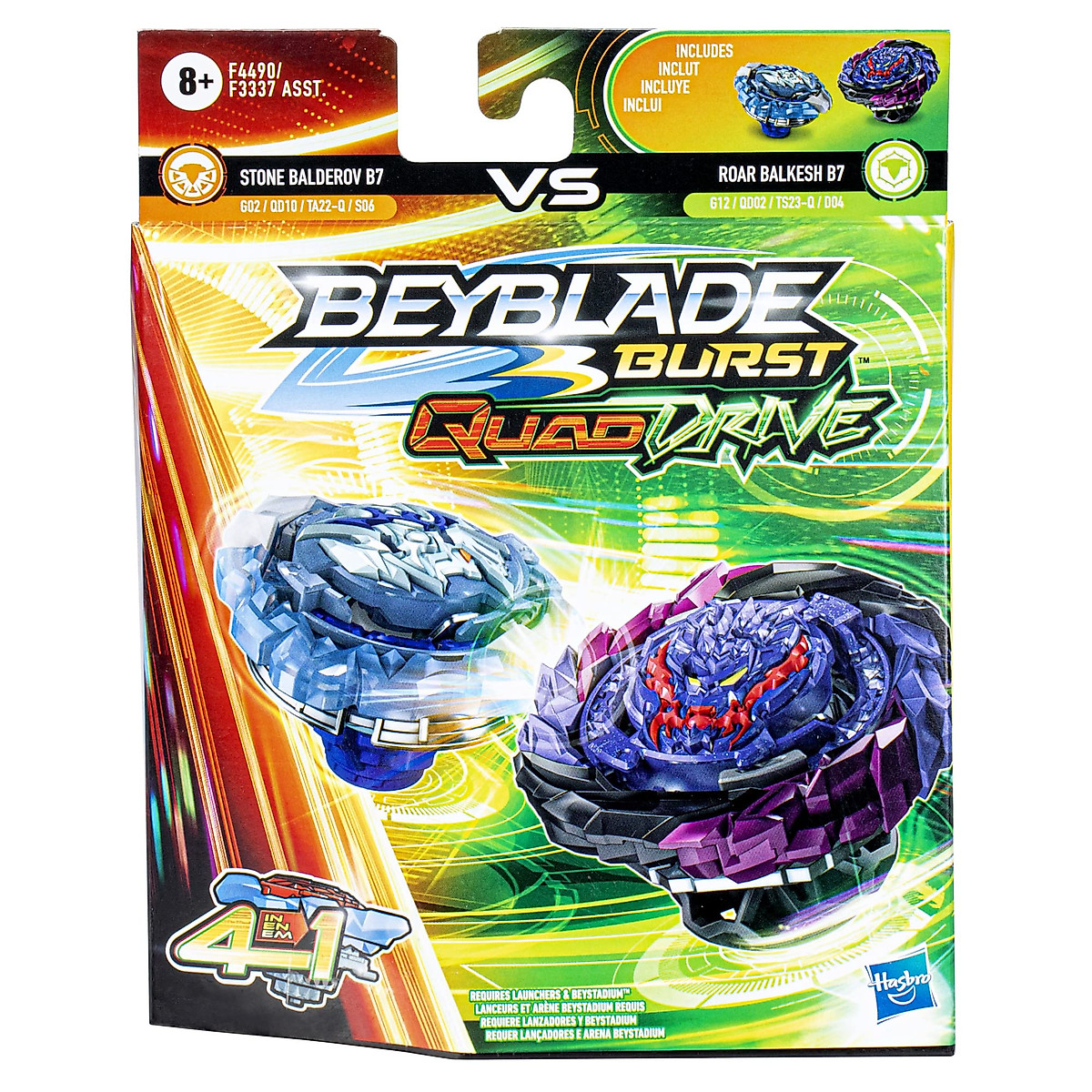 Hasbro Beyblade Burst QuadDrive Roar Balkesh B7 and Stone Balderov B7 Spinning Top Dual Pack - 2 Battling Game Top Toy for Kids Ages 8 and Up