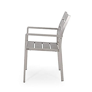Belle Outdoor Modern Aluminum Dining Chair with Faux Wood Seat (Set of 2), Gray and Silver