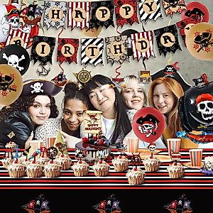CAILESS Birthday Party Decorations - Pirates Birthday Party Decorations 103Pcs, Included Pirates Theme Banner Cake Toppers 12'' Latex Balloons Swirls Decor Pirates Foil Balloons for Pirates Party