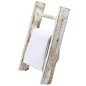 MyGift 16 Inch Rustic Whitewashed Wood Countertop Kitchen Towel Ladder with 3 Rungs, Farmhouse Bathroom Hand Towel Holder Rack