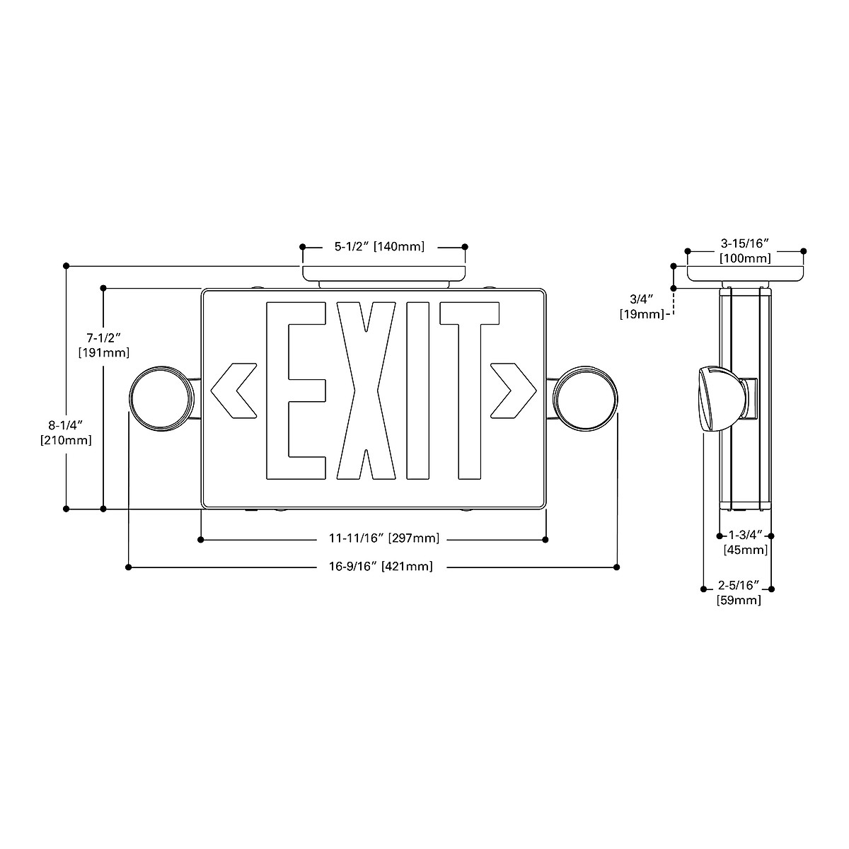 All Pro APCH7R Combo Unit, Integrated LED Exit Sign with (2) LED Emergency Light Heads, 25-Watt, White with Red Letters
