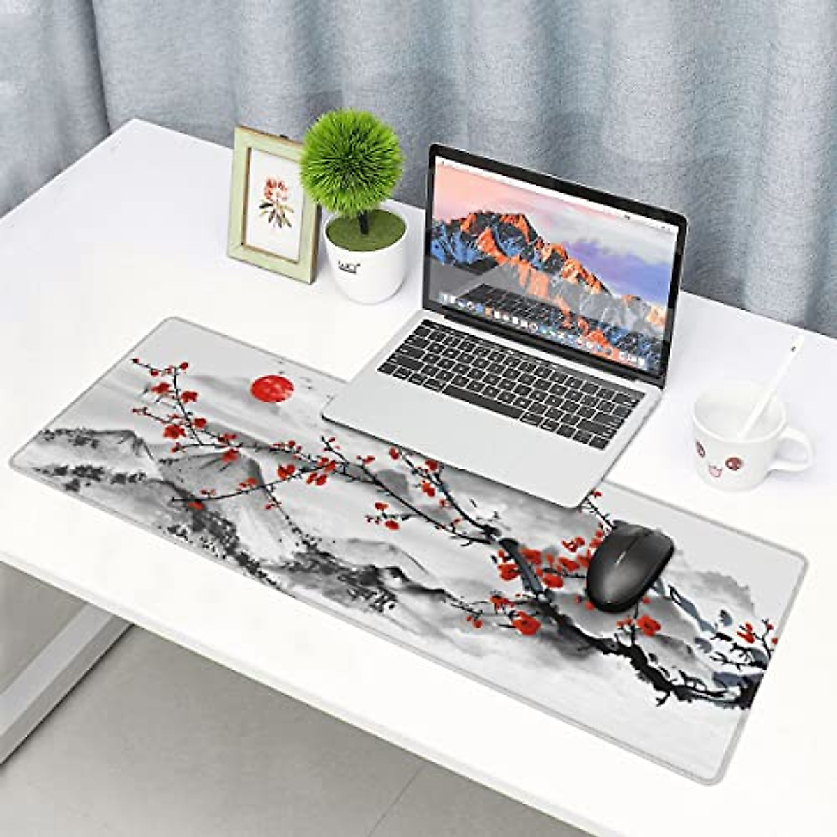 Japanese Sakura Cherry Blossom Mouse Pad XXL Full Desk Mousepad Extended Large Non-Slip Rubber Base Big Keyboard Mat with Stitched Edges for Gaming and Office（31.5 X 11.8 Inch 3mm）