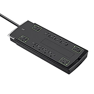 Monoprice 12 Outlet Slim Surge Protector Power Strip - 10 Feet - Black | Heavy Duty Cord | UL Rated, 4,230 Joules With Grounded And Protected Light Indicator