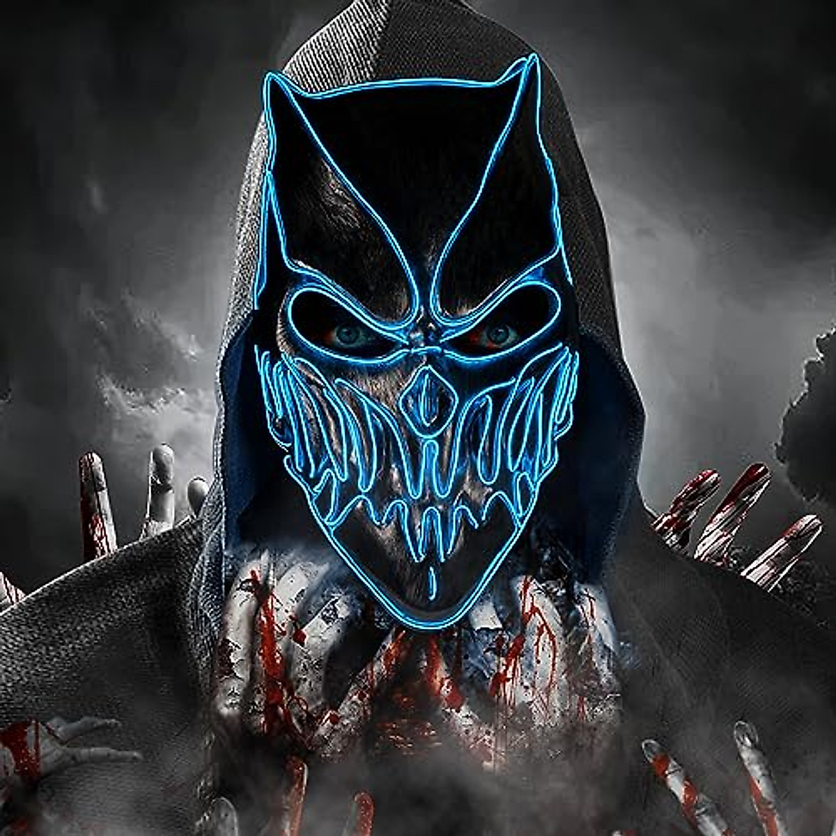 SZILBZ Halloween Mask Purge,Scary Mask LED Light Up Mask Cosplay,3 Lighting Modes,for Halloween Festival Cosplay Costume Parties Carnival for Boy Girls(Blue) (Age range is >15 years)