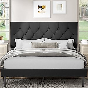Queen Size Platform Bed Frame with Upholstered Headboard, Button Tufted Design, No Box Spring Needed, Dark Grey