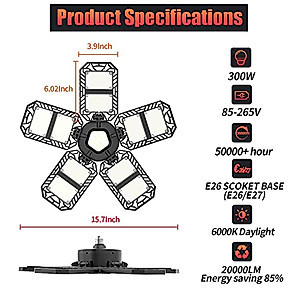 Rufbjkd LED Garage Light,300W Deformable LED Garage Ceiling Light with 5 Adjustable Leaf,Super Bright LED Shop Light With10+1 Glow Panels, Lighting for Garage Basement Warehouse,E26/E27 Base (2 Pack)