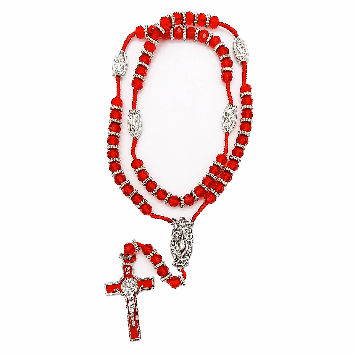 Bead Rosary Necklace with Crucifix and Our Lady of Guadalupe Medal Red Beads Catholic Prayer Rosaries Necklaces Jewelry for Boys Men Gifts Box (Silver)