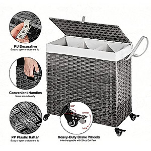 Greenstell Laundry Hamper with Wheels&Lid, 125L Large 3 Sections Clothes Hamper with 2 Removable Liner Bags, 5 Mesh Laundry Bags, Handwoven Divided Laundry Basket Gray