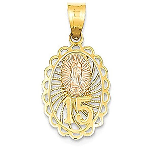 IceCarats 14K Two Tone Gold Quinceanera 15 Years Old Birthday Our Lady of Guadalupe Virgin Mary Necklace Virgencita Maria Rosa Pendant Catholic Christian Holy Mother Medallion Charm Only