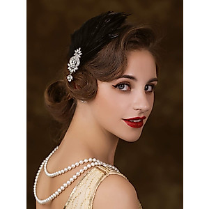 SWEETV 1920s Feather Headpiece Flapper Headband, Roaring 20s Hair Accessories Great Gatsby Hair Clip Black