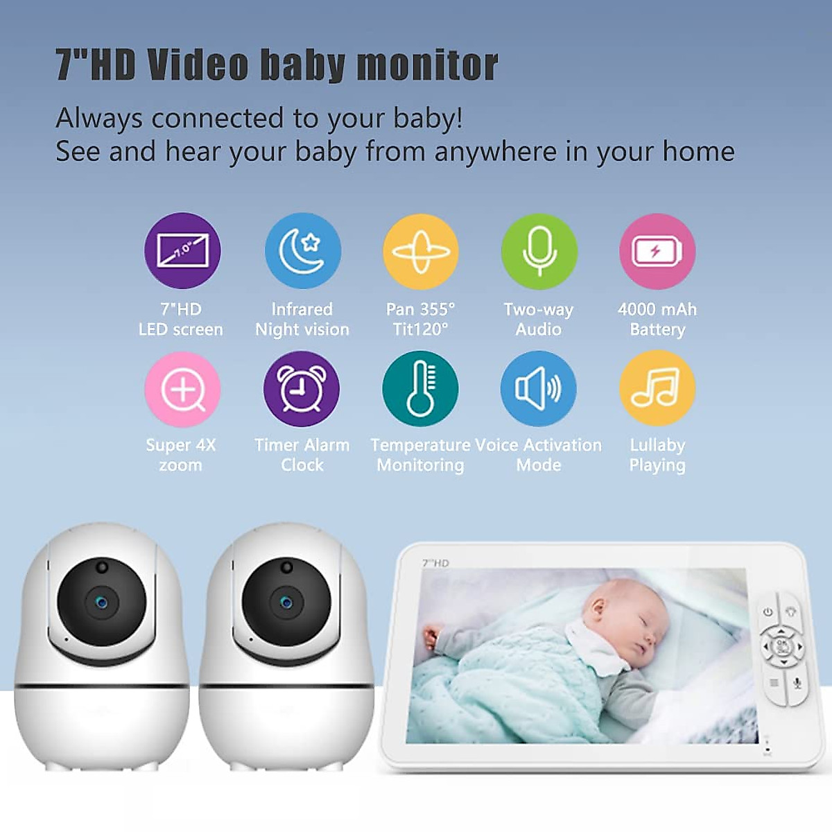 GUAZI STORE Baby Monitor, 7-inch Large Screen,Baby Monitor with Camera Audio Split Screen, Rotating Camera, Two-Way Talk, Temperature Monitoring,Baby 2 Camera,Automatic Night Vision, Lullaby.…