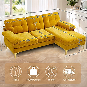 EASELAND 83" L Shaped Convertible Couch, Chenille Couch Sectionals for Living Room, 3-Seat Comfy Lounge Sofa for Bedroom with Chaise, Sleeper Sofa Bed with Fluffy Armrests, Washable Cushion(Yellow)