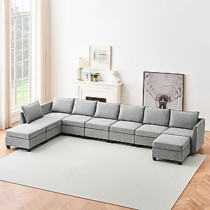 GAOMON 163'' Sectional Sofa with Storage Seats,9 Seat Convertible U Shaped Sofa with Large Reversible Chaise, Linen Fabric Modular Sofa Sectional Couches with Ottomans for Living Room,Grey
