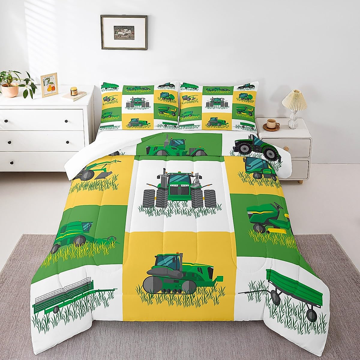 Boys Cartoon Truck Car Down Comforter Twin Size Kids Construction Vehicles Tractor Comforter Set for Kids Children Farm Excavator Bedding Set Construction Site Cars Duvet Set, Green Yellow