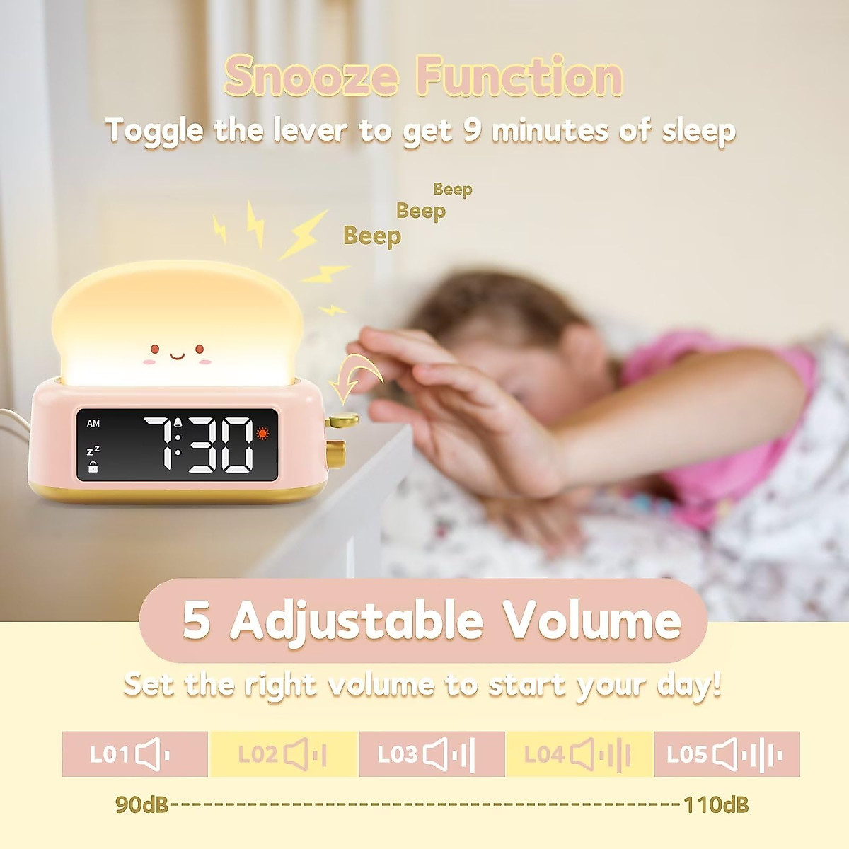 Alarm Clock for Kids, Digital Alarm Clock for Bedrooms, Cute Toast Alarm Clock with Night Light, Timer, Snooze, Adjustable Brightness, Toddler Clock Bedside, Ideal Gifts for Kids Teens Girls