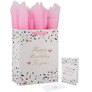 13" Large White Gift Bag Set with Greeting Card and Tissue Papers (Geometric Confetti Shapes Design) for Girls’, Boys' or Kids' Birthday Party, Women's or Men's Birthday Parties, Baby Shower - 10.2”x5.2”x13”, 1 Pcs.