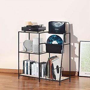 fusehome Record Player Stand, Turntable Stand Holds Up to 200 Albums with 3 Storage Shelves, Vinyl Records Cabinet Display Rack, Magazine Holder Record Player Table for Living Room, Bedroom, Office