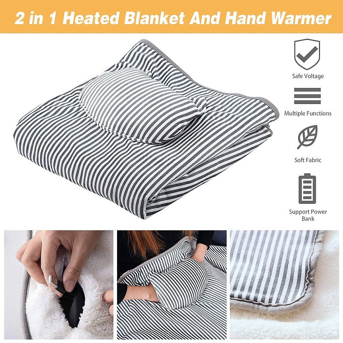 Shan-S USB Heated Throw Blanket, Hand Warmer with Super Soft Velvet Fabric Flannel Keep Warmth for Car, Home, Office, Camping, Cold Winter Multi-Functional Warm Usage,115cm X 72cm