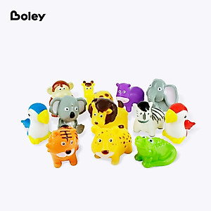 Boley Safari Animals Bath Toy Bucket - 12 Pc Set of Pool & Bath Toys for Toddlers - Educational & Safe Plastic Figures for Ages 2+ - Fun and Durable Jungle Animal Playset in Storage Container
