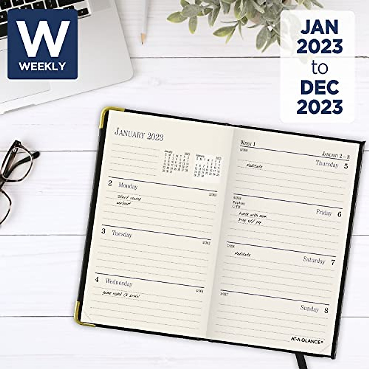 AT-A-GLANCE 2023 Weekly & Monthly Diary, Fine Diary, 3" x 5" Pocket Size, Flexible Cover, Faux Leather (70111105)