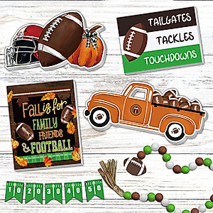 Fall Decor - Football Tiered Tray Decor Bundle 6 PCS - Fall Decorations for Home, 4 Football Wooden Signs - Wood Beads Garland - Mini Wooden Banner - Farmhouse Home Autumn Harvest Table Shelf Decor