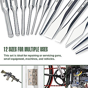 SENROG 12 Pieces Punch and Chisel Set, Alloy Steel 60Cr-v Made Punch Set, Mirror Surface and Chroming Gunsmith Punch Set, Including Flat Chisels, Taper Punch, Pin Punch Set, Center Punch, Cape Punch