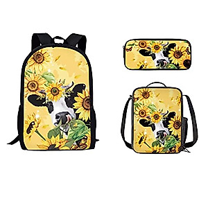 Lotusorchid Cow Sunflower Kids School Bookbag Set 3, Light Durable Kids School Backpack for Elementary Junior School, Boys Girls Insulated Lunch Box Bag with Cute Kawaii Pencil Case, Yellow