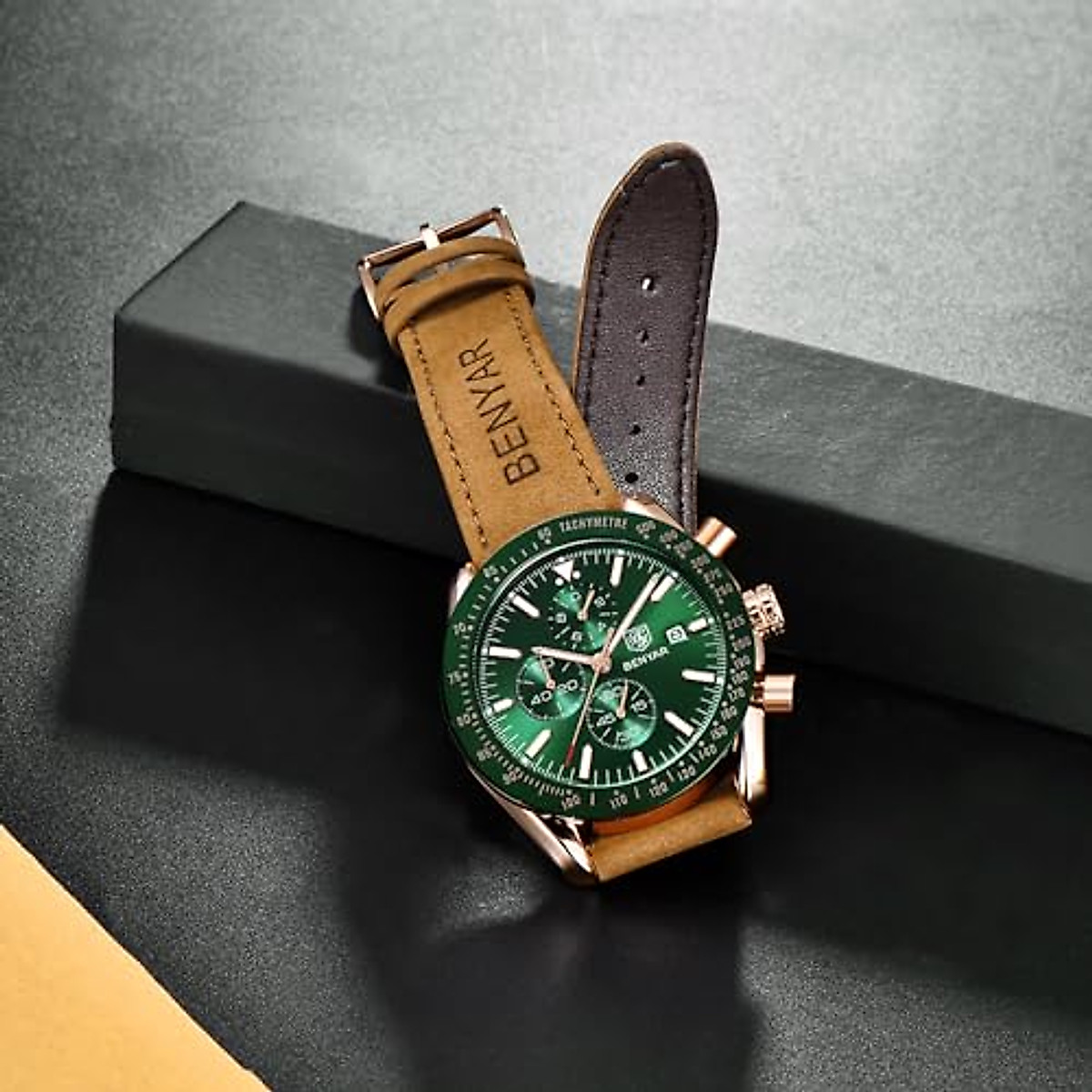 BY BENYAR Men's Watches Analog Quartz Waterproof Watch Sport Leather Watch for Men Fashion Elegant Chronograph Casual Wristwatch（Green）