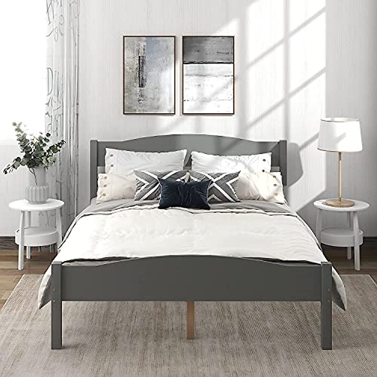 STP-Y Full Size Platform Bed, Rockjame Wood Bed Frame with Horizontal Strip Hollow Shape Headboard, Footboard and Center Support Feet, Perfect for Kids, Teens and Adults (Gray)