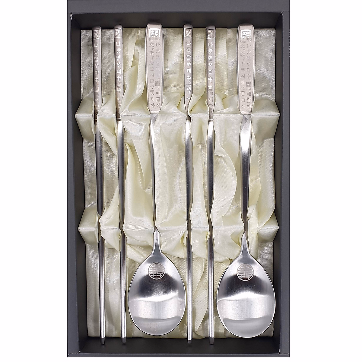 Korean Chopsticks Spoon 2 Set - METAL STAINLESS STEEL -Printed Hangul Characters (Hangul-Silver)