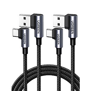 UGREEN USB to USB C Cable 2-Pack 90 Degree USB C Fast Charging Cord Compatible with iPhone 15/15 Plus/15 Pro/15 Pro Max/Samsung Galaxy S10/S10+/Pixel 7/6a/LG G8/G7/Pixel/Switch, etc. 6.6FT